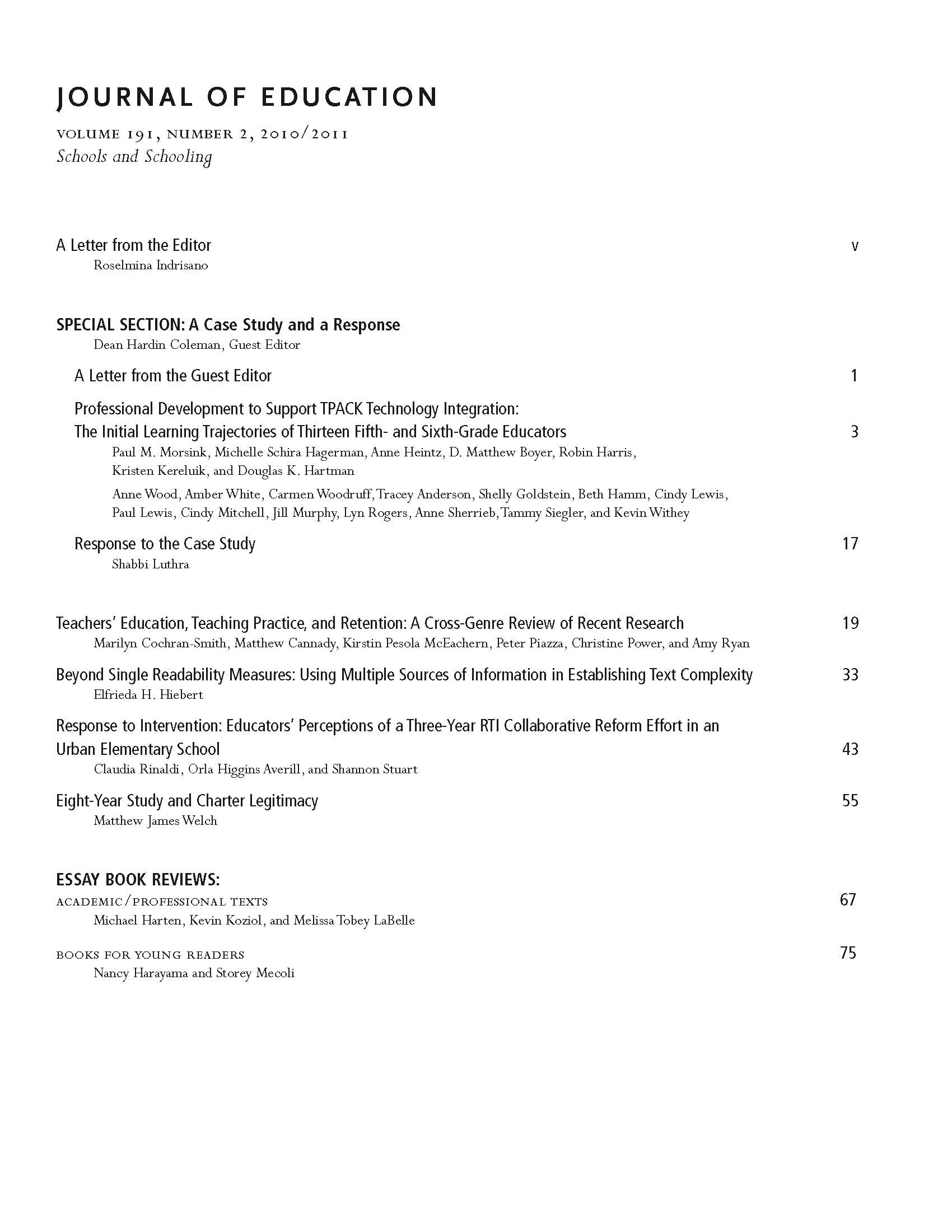 Volume 191, 2010-2011 » Journal of Education | Boston University