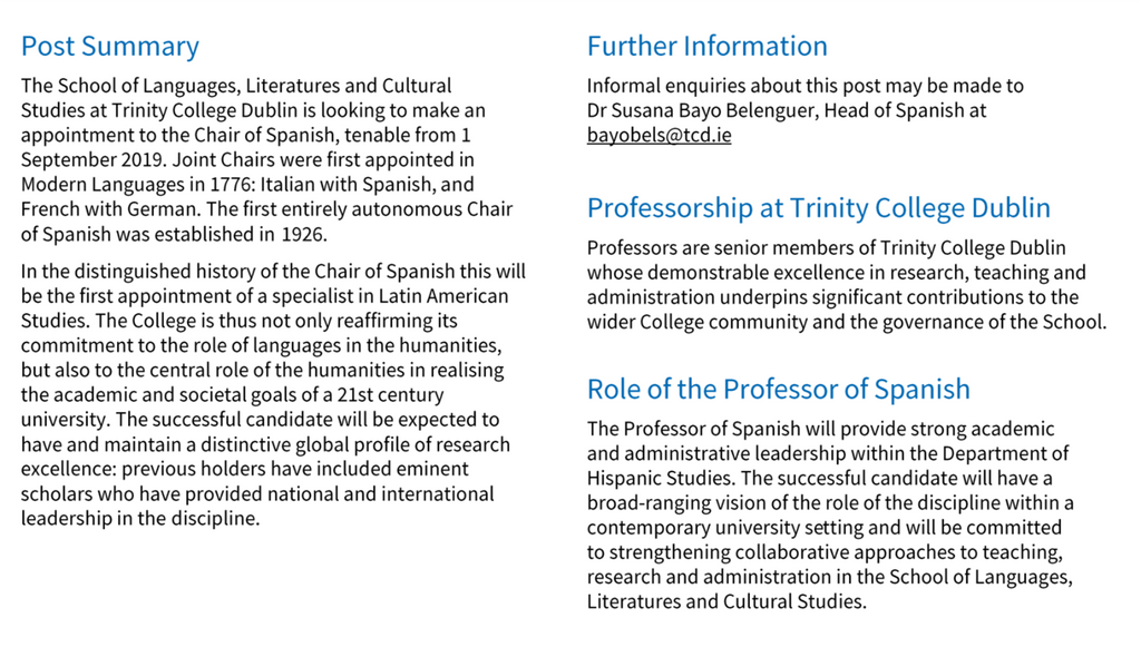 Trinity College Dublin: Professor of Spanish Required | Latin American ...