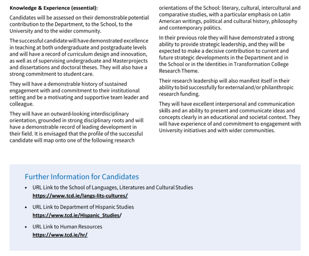Trinity College Dublin: Professor of Spanish Required | Latin American ...