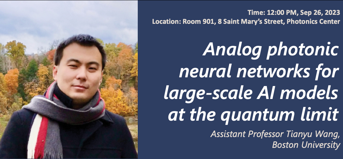 Lunch and Learn with Tianyu Wang | September 26, 2023 | 12:00–1:30 | Photonics Center