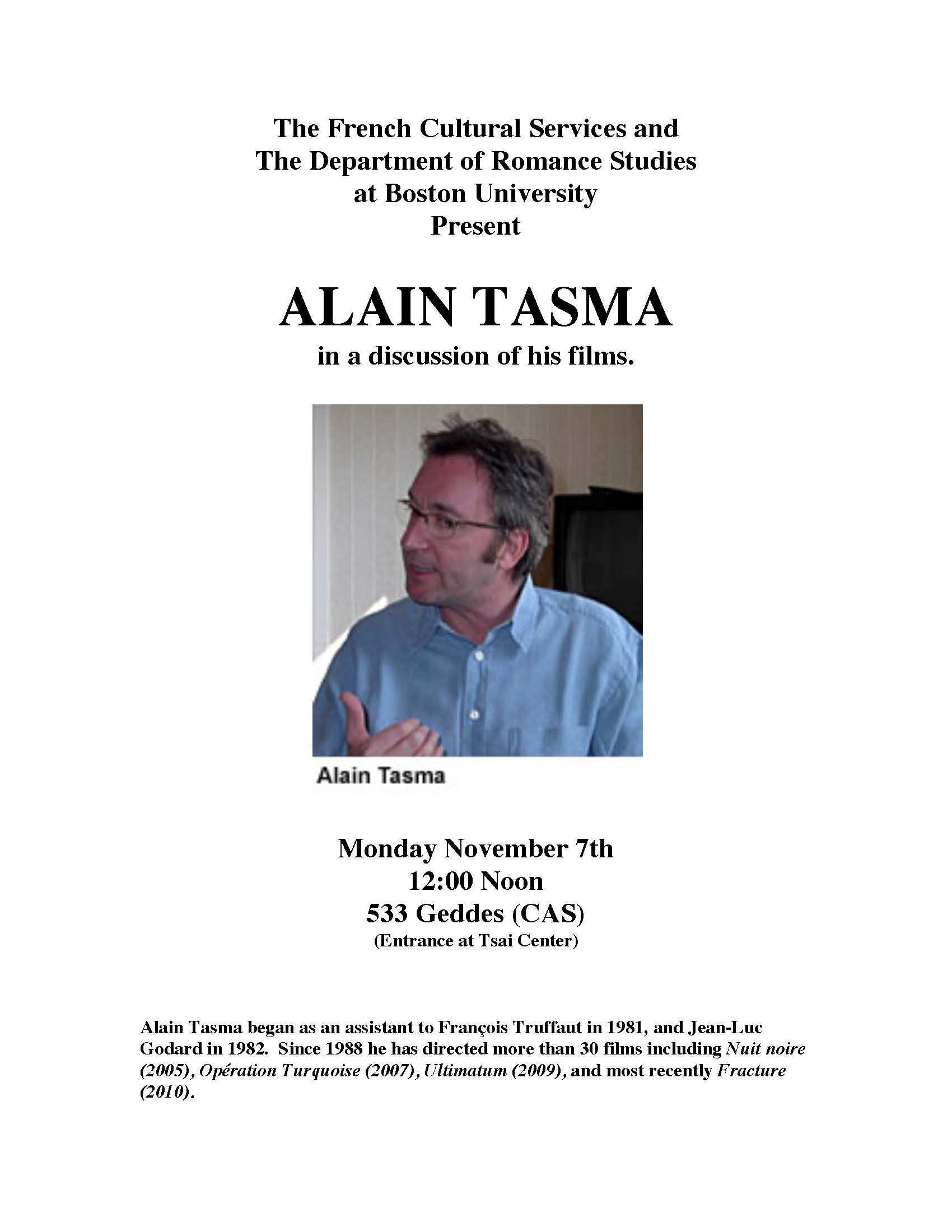 The French Cultural Services and The Department of Romance Studies at ...