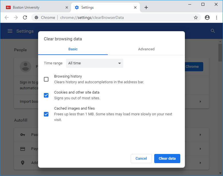 Clear your browser cache – Windows : TechWeb : Boston University